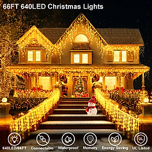66ft Christmas Lights Outdoor Decorations 640 LED Long Xmas Curtain Fairy String Lights Plug in with Clear Wire 8 Modes Waterproof Memory Timer for Outside Holiday Wedding Party Decor-Warm White