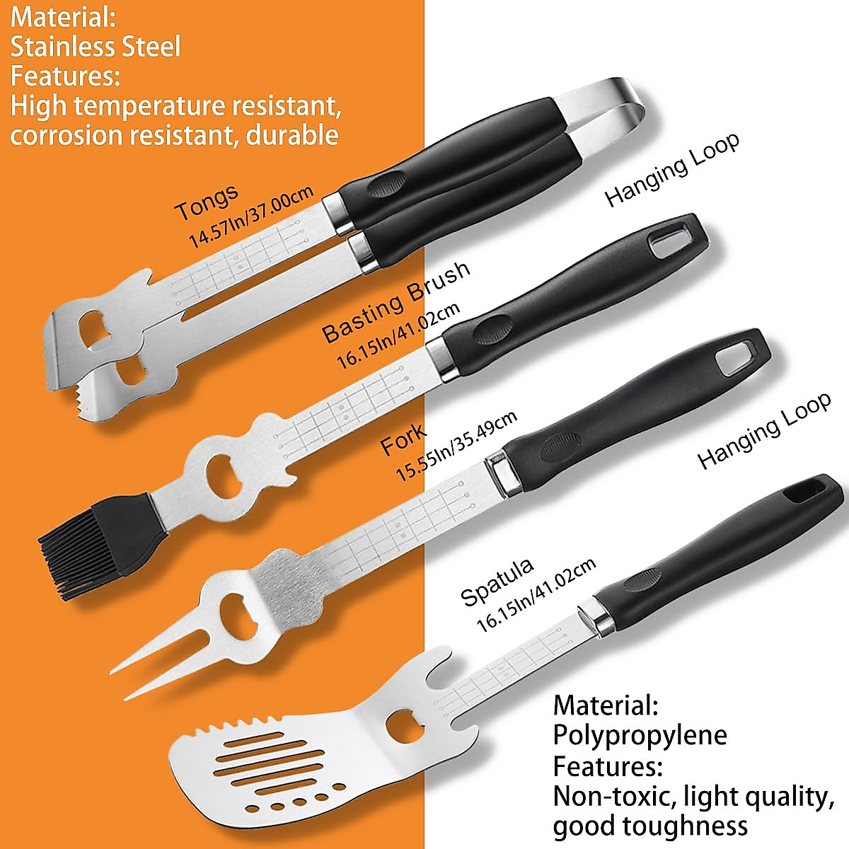 ROMANTICIST 5PCS Guitar Style Heavy Duty Grill Tool Set - Stainless Steel BBQ Tools including Spatula, Fork, Tongs, Basting Brush and Storage Bag in Unique Guitar Shape - Perfect Grill Gift Choice