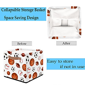 KOBLEN Sports Ball Print Square Storage Basket Collapsible Storage Box Clothes Basket 13x13 Inch Large Cube Storage Bin With PU Leather Handle for Home Office Closet Shelves