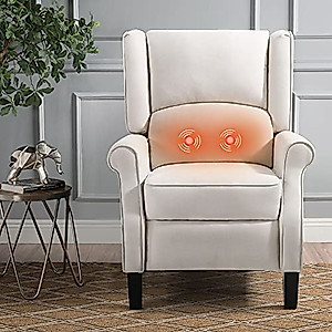 RYONGII Wingback Recliner Chair with Heating and Massage Tufted Fabric Recliner Sofa Furniture,Thick Seat Cushion and Backrest Modern Living Room and Bedroom (Ivory)
