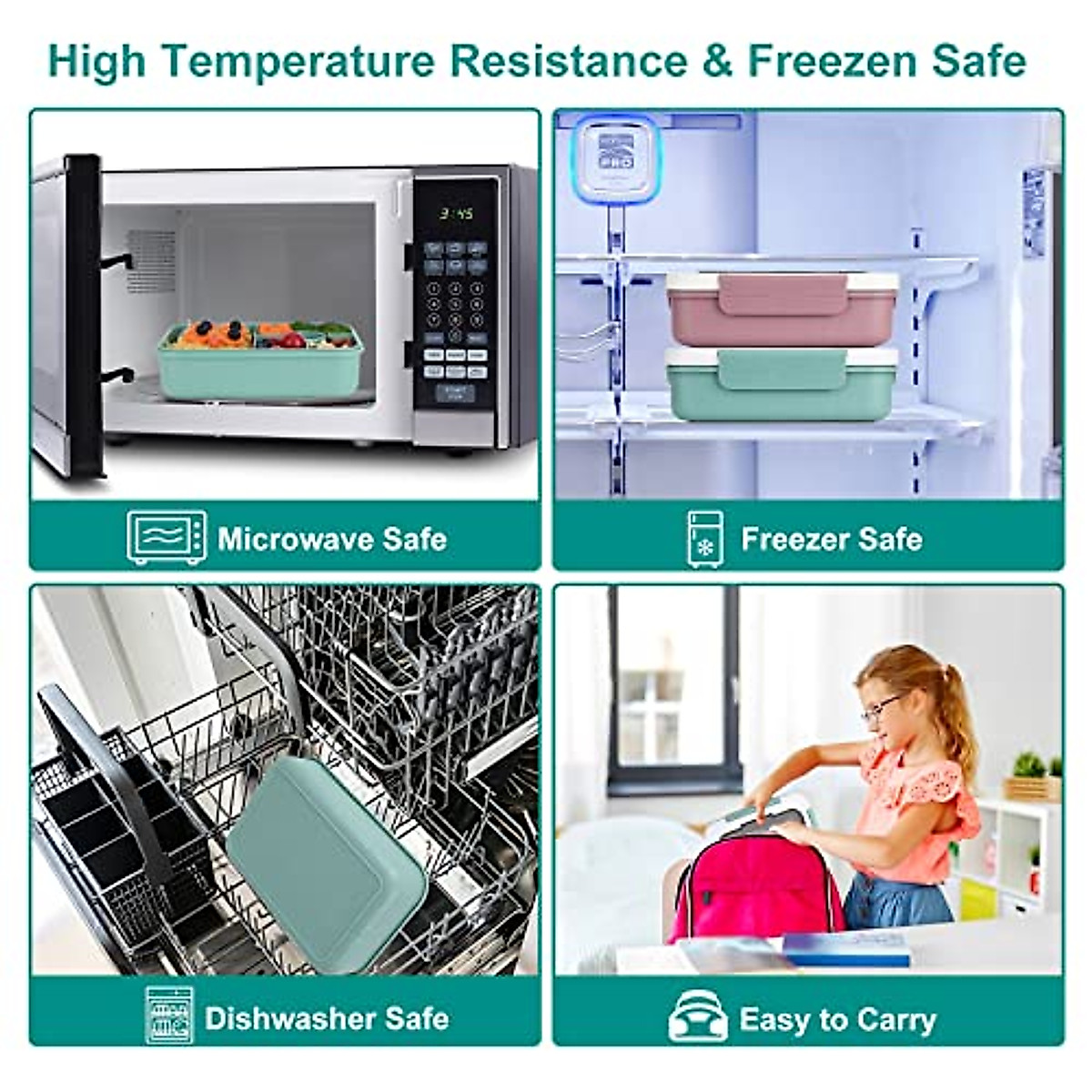 MaMix Bento Lunch Boxes for Adults Kids, Bento Box Adult Lunch Box, 5 Compartment Lunch Box Containers for Adults, Meal Prep Containers Accessories Reusable & Leakproof (Green)