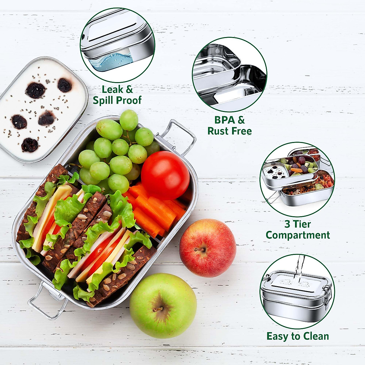 FigTree – 3 Tier Stainless Steel Lunch Box with Snack Pod 6"x4.5"x4", 3.5 Cups Food Capacity Leak Resistant Bento Box with Strong Latches – Stainless Steel Lunch Box BPA Free & Dishwasher Safe