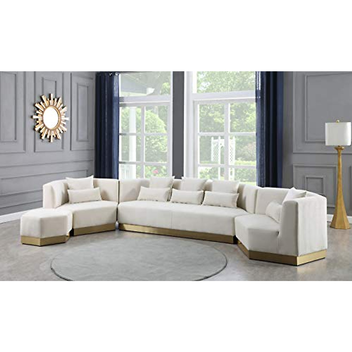 Meridian Furniture Marquis Collection Modern | Contemporary Velvet Upholstered Sofa with Stainless Steel Base in a Rich Gold Finish, 93" W x 38" D x 29" H, Cream
