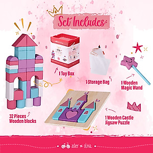 Large Building Wooden Blocks for Babies and Toddlers- 1-3 Years with Princess Castle Wooden Jigsaw Puzzles & Wand- Educational Montessori Fairytale Building Blocks for Toddlers