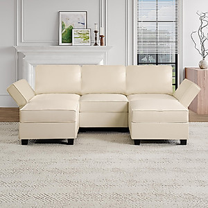 Naomi Home Sarah Modular Sectional Sofa with Double Chaise Air Leather U Shaped Sofa Reversible Sectional Couch with Storage - Beige