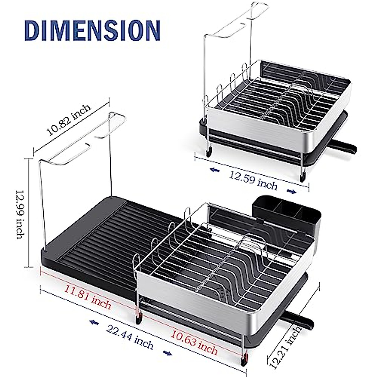 KINGRACK Dish Drying Rack - Extendable Dish Rack - Durable Stainless Steel Dish Drainer for Kitchen Counter with Drainboard Set, Swivel Spout,Utensil Holder