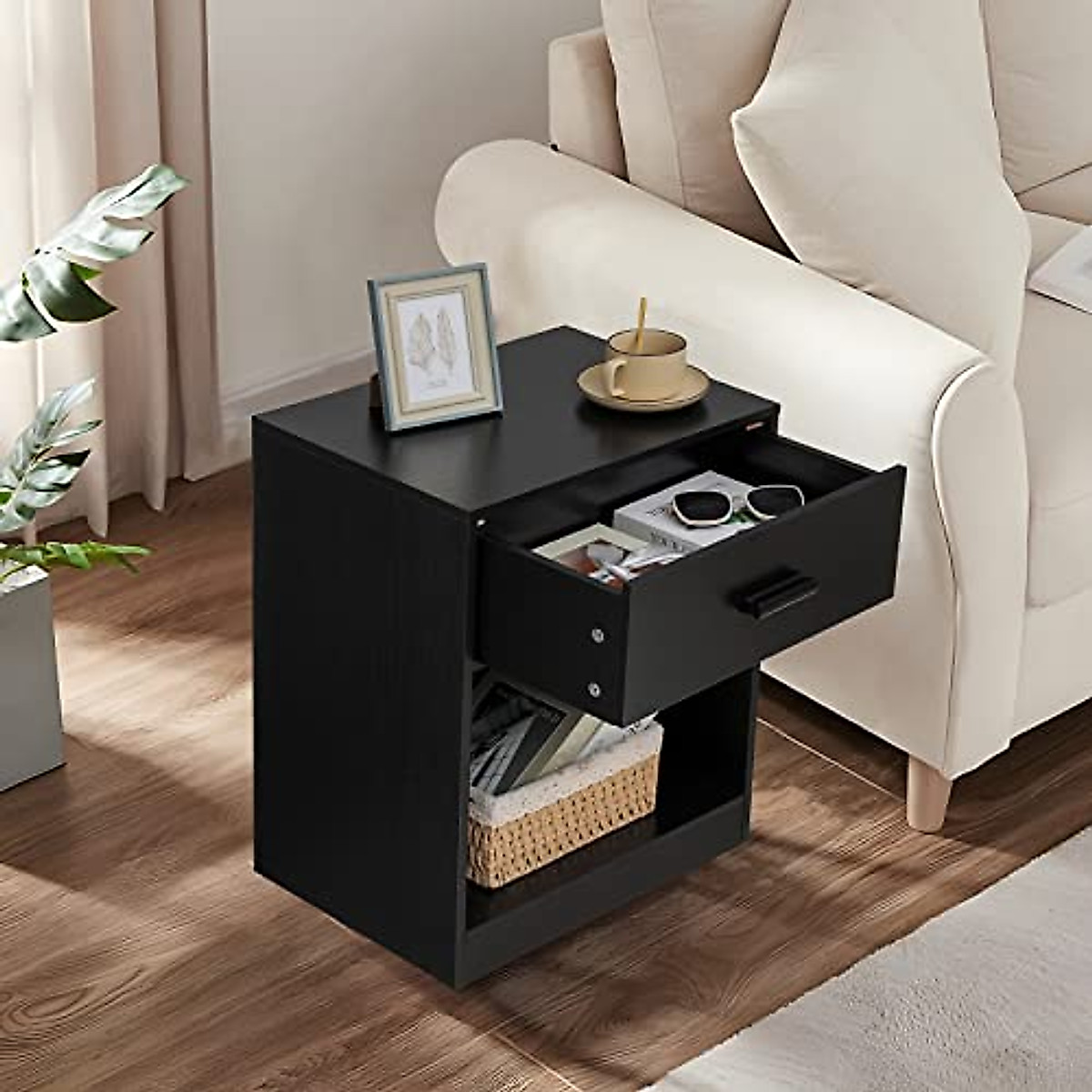 Iwell Nightstand Set of 2 with Drawer & Open Compartment, 23.6" H Bedside Table, End Table for Small Space, Bedroom, Black