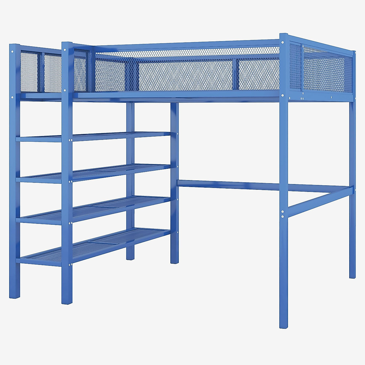 Bellemave Full Size Metal Loft Bed with 4-Tier Shelves and Storage, Loft Bed with Bookshelf (Blue)