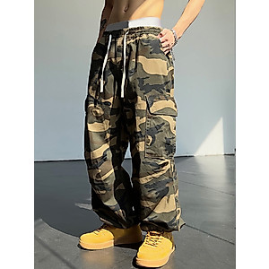 Verdusa Men's Drawstring Waist Camo Print Cargo Pants Sweatpants Workout Joggers Army Green M