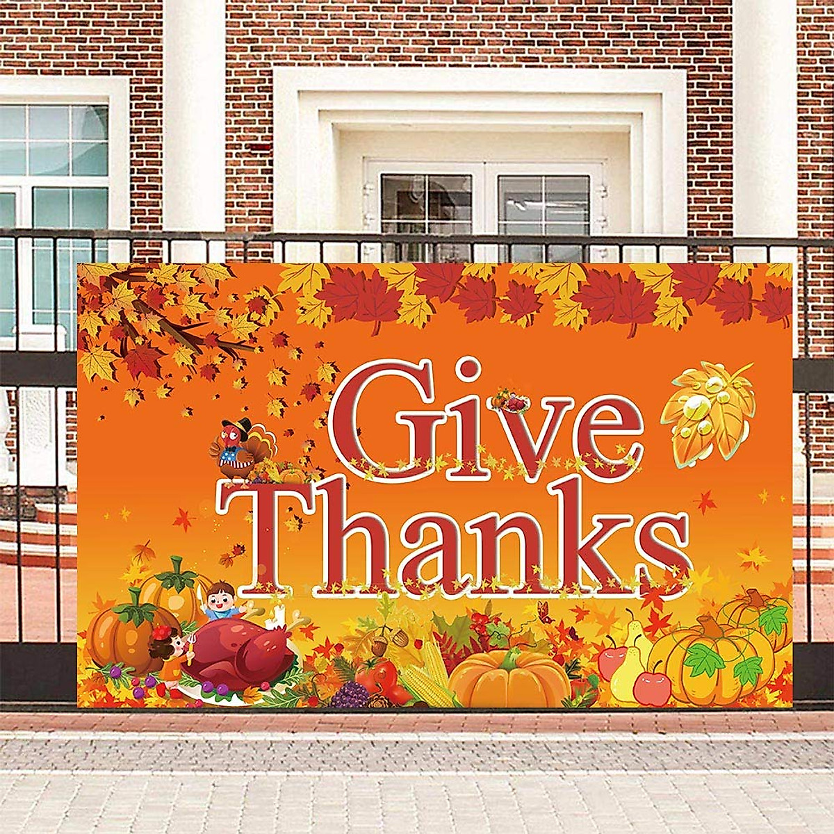 GIVE Thanks Extra Large Fabric Sign Poster Banner Backdrop for Thanksgiving Day Party Decorations with Pattern Pumpkin Maple Leaf Turkey Corn Fruit Welcome Autumn Hang Outdoor Indoor 43.3"x70.8"