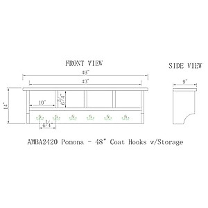 Pomona Industrial 48 in. Solid Wood & Metal Coat-Rack With 6 Strong Coat Hooks and 4 Cubbies- 10 in. w x 7 in. d x 6 3/4 in. h - Tool Organization and Garage Storage