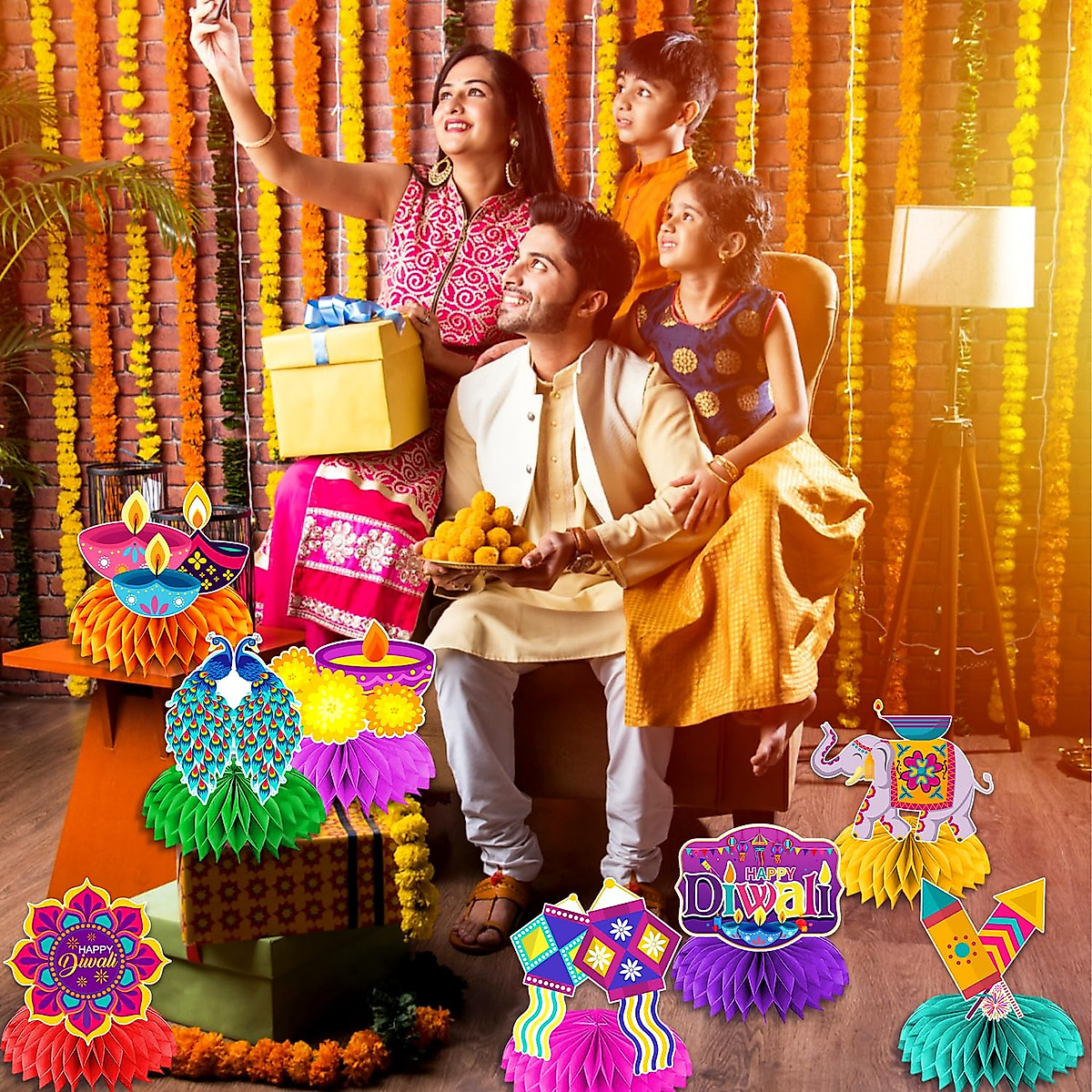 8pcs Diwali Table Decorations, Diwali Party Decorations Honeycomb Centerpieces Happy Diwali Decorations for Indian Festival Diwali Rangoli Decorations Deepavali Decorations Table Topper cocomigo