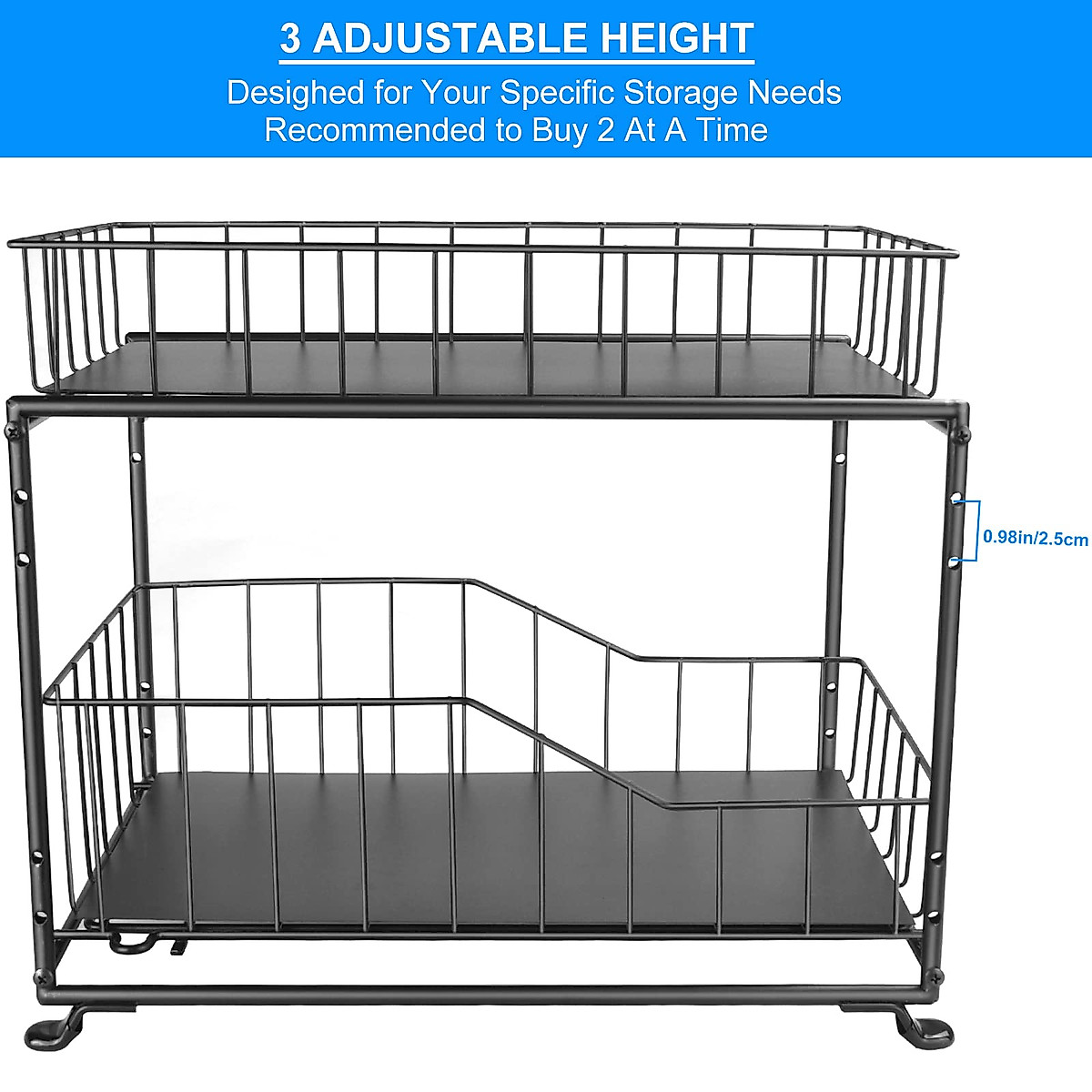 Pull Out Cabinet Organizer, 2 Tier Under Sink Organizers and Storage With Sliding Baskets, Stackable Iron Under Sink Storage for Kitchen, Bathroom, Cabinet, Countertop, Office and More, 1 Pack, Black