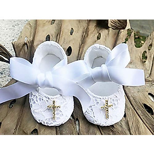 Bow Dream Baby Girl Baptism Christening Shoes and Headband Set White Reinstones 0-3 Months