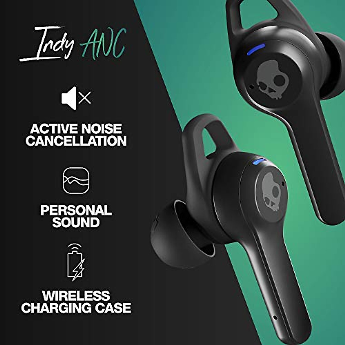 Skullcandy Indy ANC True Wireless In-Ear Earbuds / Active Noise Cancellation, Compatible with iPhone and Android, Bluetooth Earbud Headphone, Charging Case & Microphone, Best for Gym & Sports - Black