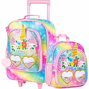 FTJCF 2PCS Kids Suitcase Set for Girls, 18" Cute Rainbow Sequin Unicorn Carry on Luggage with Wheels, Children Travel Rolling with 12" Toddler Backpack