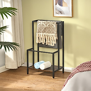 TITFVM 3 Tier Towel Rack Stand, Freestanding Blanket Rack Ladder, Industrial Blanket Stand, Display Rack for Oversized Bath Towels, 16.93"L x 11.81"W x 30.32"H, Blanket Holder with Shelf, Rustic Brown