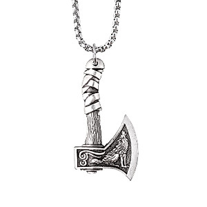 HAQUIL Viking Battle Axe Necklace, Wolf Raven Axe Amulet Pendant, Stainless Steel Box Chain, Authentic Viking Jewelry Men (AD)