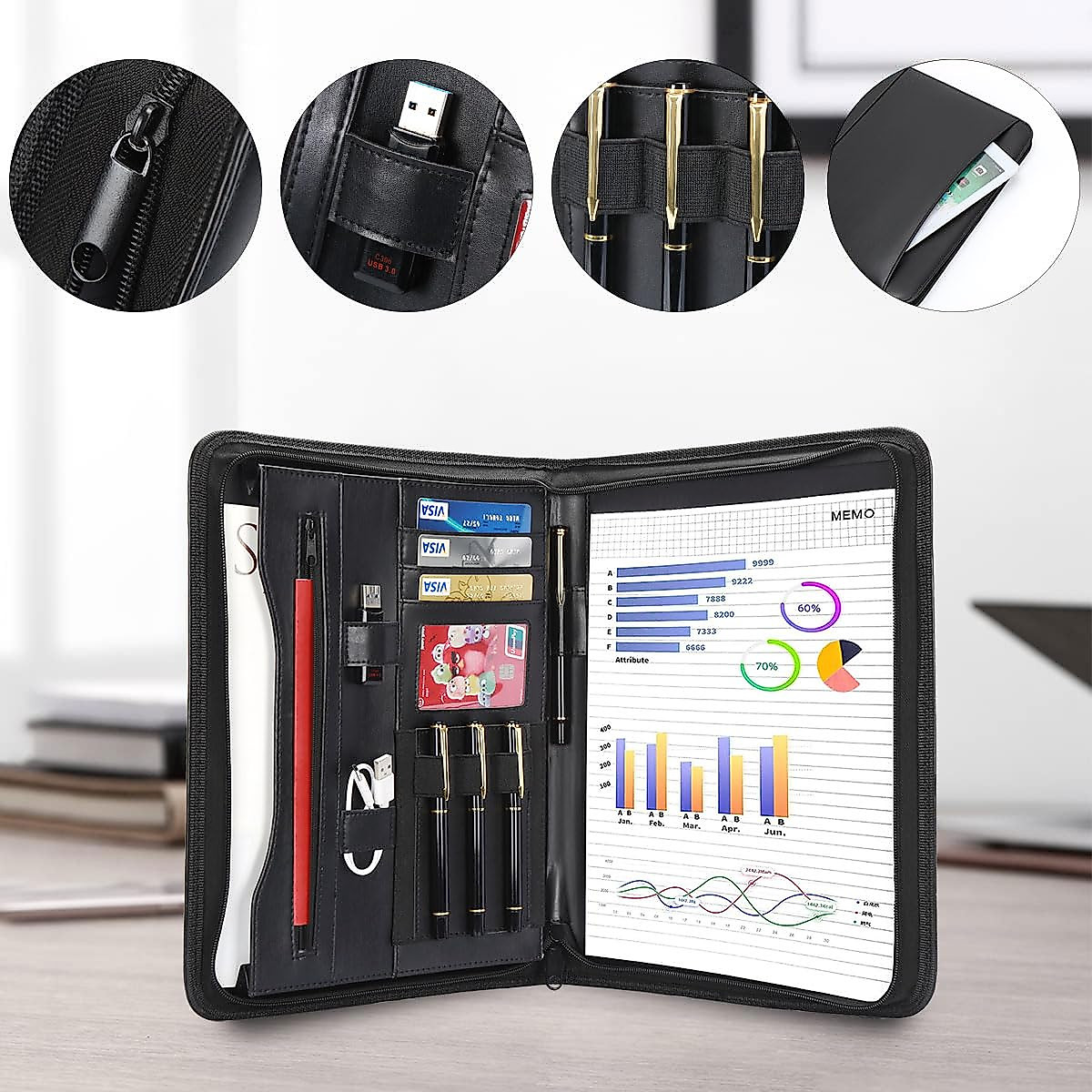 Leathario Portfolio Business Folder Padfolio A4 Writing Pad Document Organizer for Men Women Office Conference Notepad Clip Boards