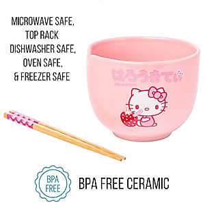Silver Buffalo Sanrio Hello Kitty Strawberry Milk Japanese Character Ceramic Ramen Rice Bowl with Chopsticks, 20 Ounces, Pink