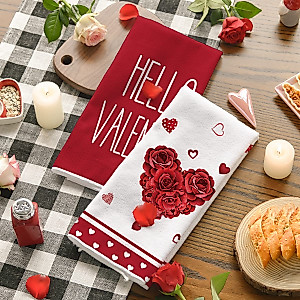 Artoid Mode Roses Hearts Hello Valentine's Day Kitchen Towels Dish Towels, 18x26 Inch Anniversary Decoration Hand Towels Set of 2