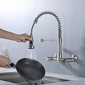 Fonveth Wall Mount Kitchen Faucet, 8 Inch Center Wall Mount Kitchen Sink Faucet with Pull Down Sprayer, Wall Mount Faucet with SprayerCommercial Wall Mount Faucet, Brushed Nickel