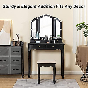 Caroeas Vanity, Tri-Fold Makeup Vanity with Mirror, Lights and Padded Vanity Stool, Solid Wooden Vanity Set, 4 Drawers, 2 Brush Slots and 2 Open Compartments, Black Vanity Table