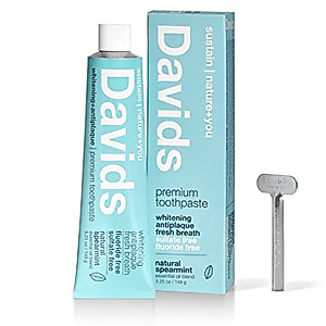 Davids Natural Toothpaste For Teeth Whitening, Spearmint, Antiplaque, Flouride Free, SLS Free, EWG Verified, Toothpaste Squeezer Included, Recycable Metal Tube, 5.25oz