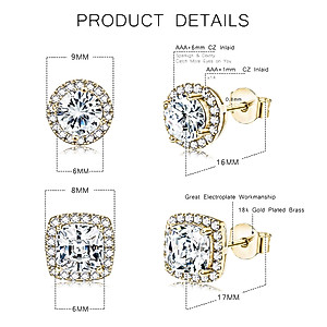 Udalyn 6 Pairs Halo Stud Earrings For Women 18K White Gold/Rose Gold Plated Round Square Cubic Zirconia Brillant Cut Earrings