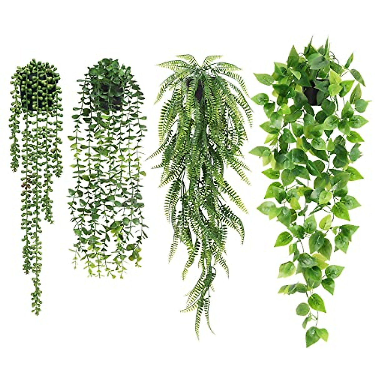 JPSOR Fake Hanging Plants, 4 Pack Artificial Potted Greenery Faux Eucalyptus Vine, Boston Fern, String of Pearls, Pothos Ivy in Pot for Home Room Wall Shelf Patio Garden Indoor Outdoor Decor