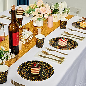 Black and Gold Party Supplies - 350 PCS Disposable Dinnerware Set - Black Paper Plates Napkins Cups, Gold Plastic Forks Knives Spoon for Halloween, Graduation, Birthday, Cocktail Party