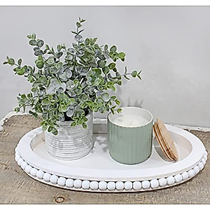 AuldHome Wood Beaded Tray (White), Decorative Farmhouse Style Oval Wooden Tray