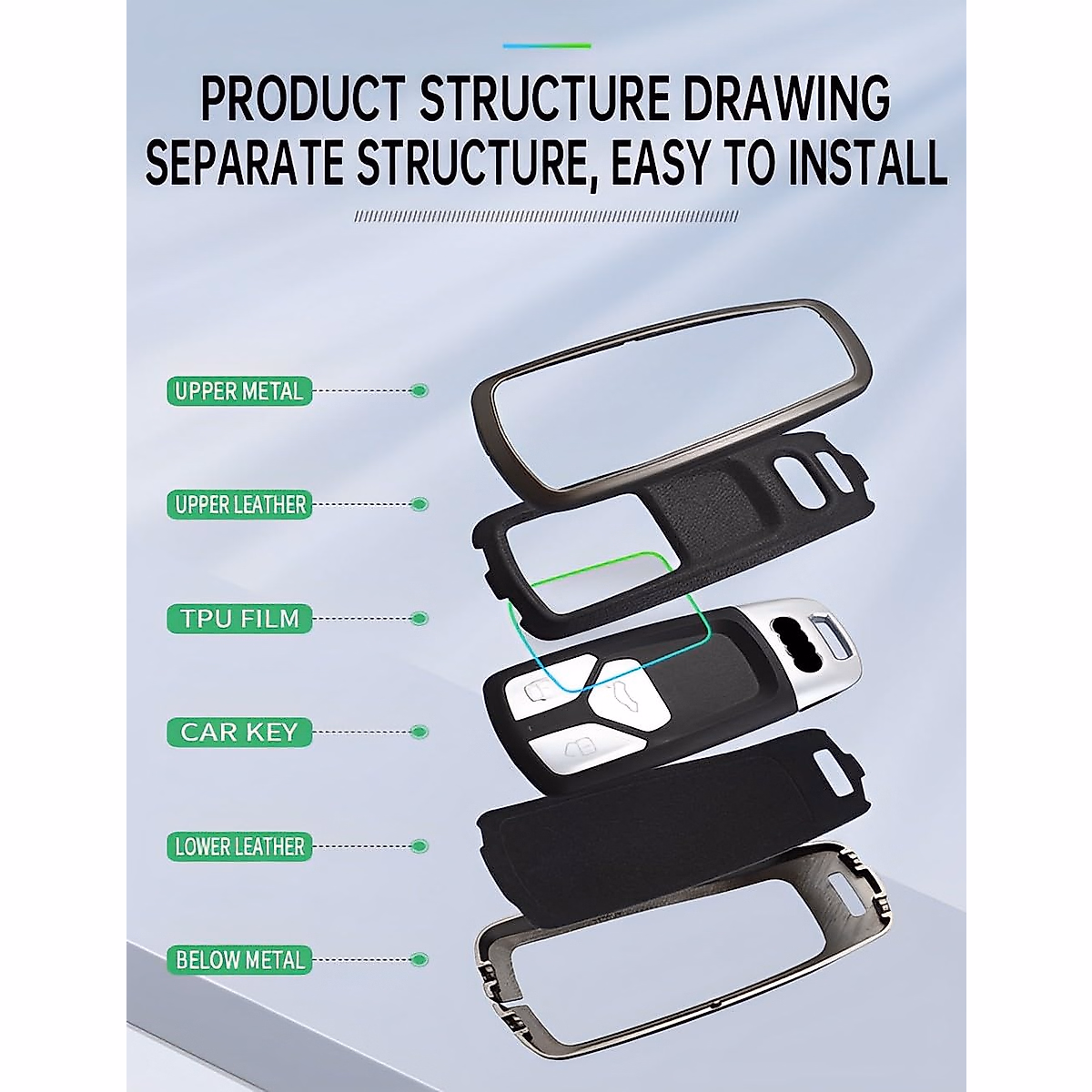 for Audi Key Fob Cover Case Metal Shell Car Smart Keys Protect Keychain Compatible Audi A4 A5 Q7 Q5 TT RS A3 A6 SQ5 SQ7 R8 S5 (P-AODIBqh-Black)