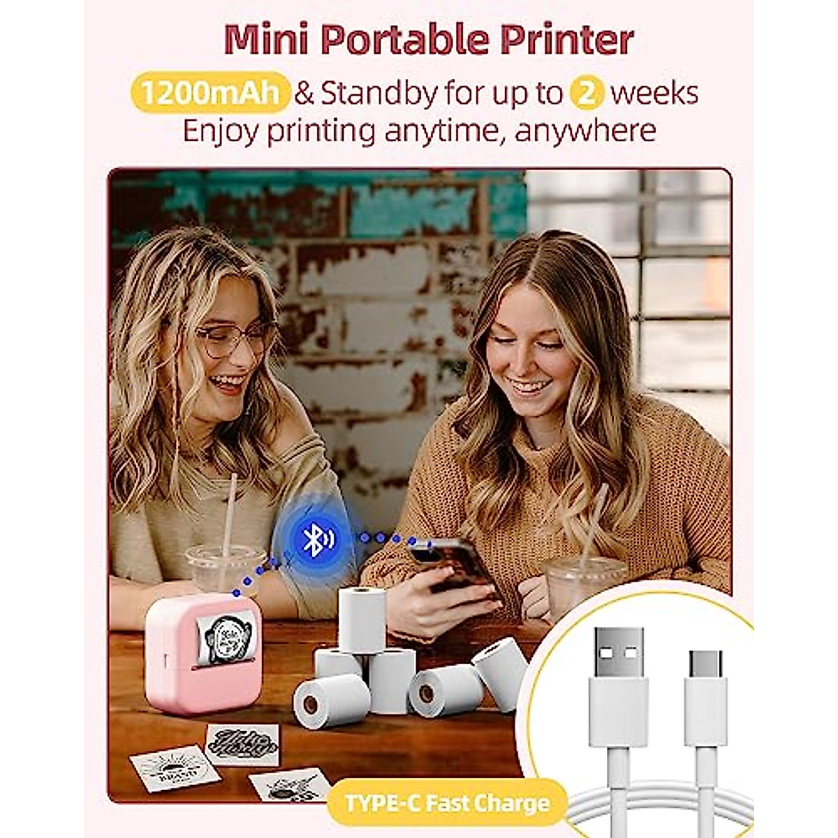 memolife 𝟐𝟎𝟐𝟑 𝐅𝐮𝐧 𝐆𝐢𝐟𝐭 Sticker Maker Machine - Mini Thermal Printer with 6 Rolls Non-Adhesive Paper (2in*21.3ft/Roll), Inkless Printer for iPhone & Android, Portable Mini Printer for DIY
