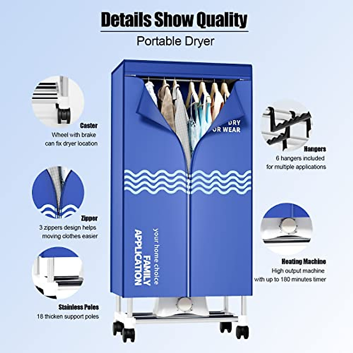 Clothes Dryer, Portable Drying Machine with Timer, 60inch Laundry Drying Wardrobe with Large Capacity, Electric Dryer/Rack for Home | Appartments (Ocean Blue)