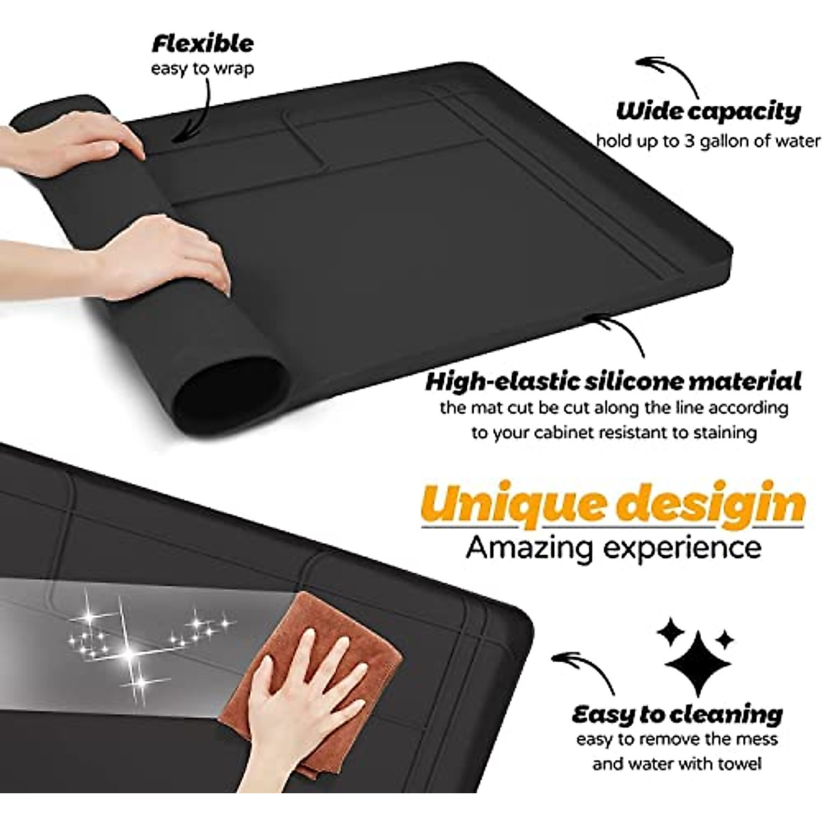 SKDKYCCO Under Sink Mat for Kitchen, 34'' x 21'' Silicone Under the Sink Mat, Water Proof Under Kitchen Bathroom Cabinet Sink Mat and Protector for Drips Leaks Spills, Black