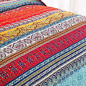 Boho Queen Quilt Set, Orange and Blue Bohemian Queen Quilt Bedding Set, Lightweight Bed Decor Bedspread for All Season 96"x90"(3 Pieces)