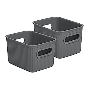 Superio Ribbed Collection - Decorative Plastic Open Home Storage Bins Organizer Baskets, Small Grey (2 Pack) Container Boxes for Organizing Closet Shelves Drawer Shelf 1.5 Liter