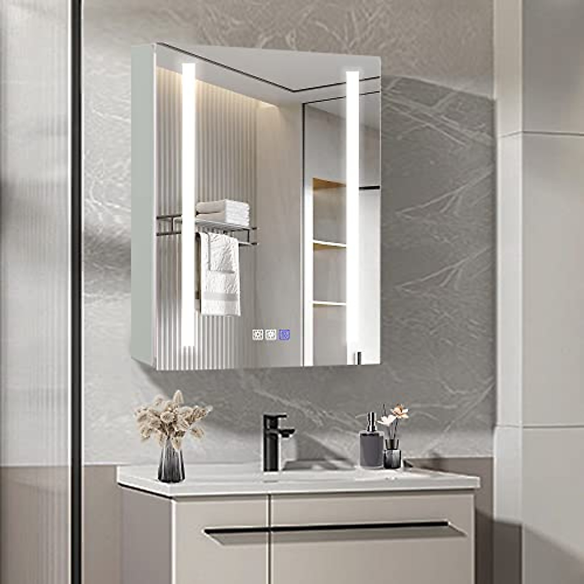 ExBrite Led Medicine cabinets for Bathroom with Mirror,20x26 inch,Single Door,Recessed Or Surface Mount,Adjustable Shelves,Medicine Cabinet Wall Mounted,Defog,Dimming,(Right Opening Door)