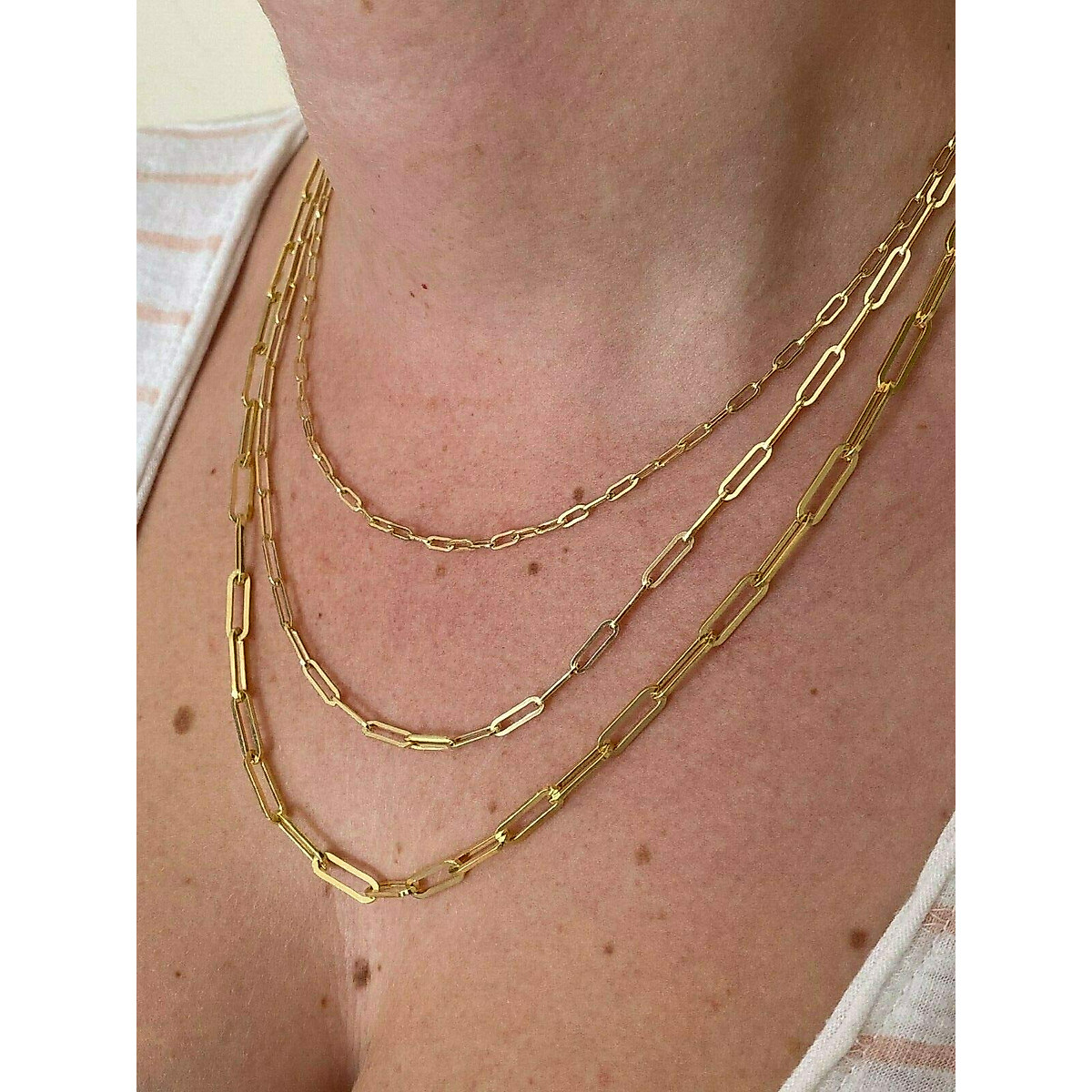 HarlemBling Solid 925 Sterling Silver - 14k Gold Plated - Elongated Rolo Paperclip Necklace - 2.5mm 3mm 4mm - 16-24" - Very In Fashion Ladies Chain - MADE IN ITALY (16, 4mm)