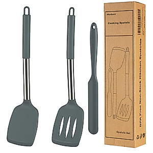 3 Pack Silicone Spatulas, Solid & Slotted Turner Spatula Set for Nonstick Cookware, High Heat Resistant BPA Free Rubber Kitchen Cooking Utensils, Idea for cooking Fish, eggs, steak, Baking - Gray