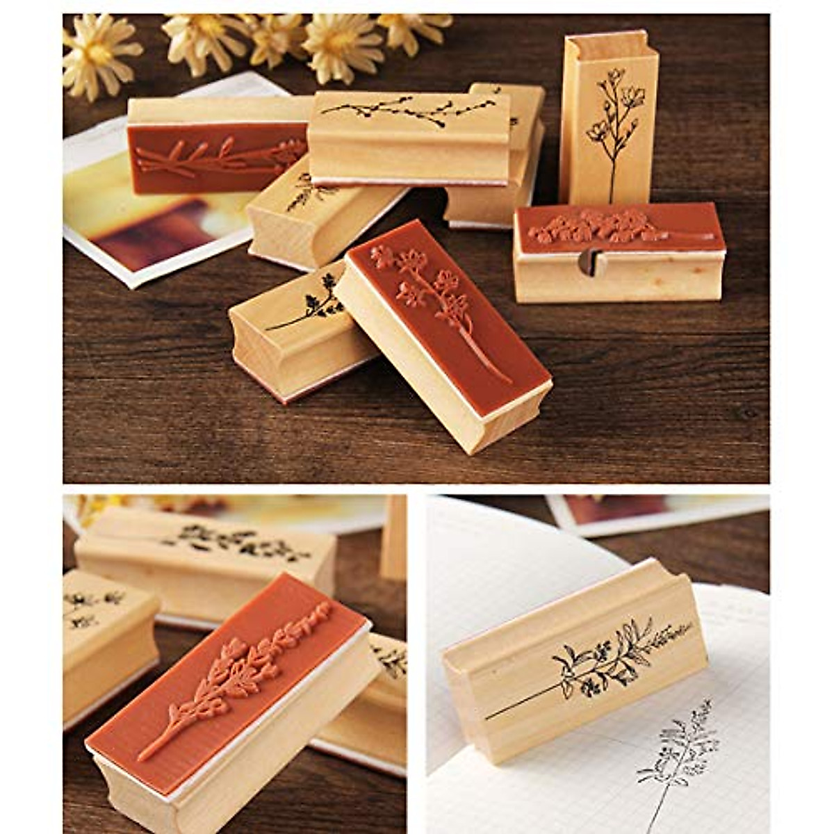 Yansanido Pack of 8 Pcs Plant and Flower Shape Wooden Rubber Stamps 2.5 Inch x 1 Inch x 0.6 Inch for DIY Craft Card and Photo Album (8Pcs Plant & Flower-02)