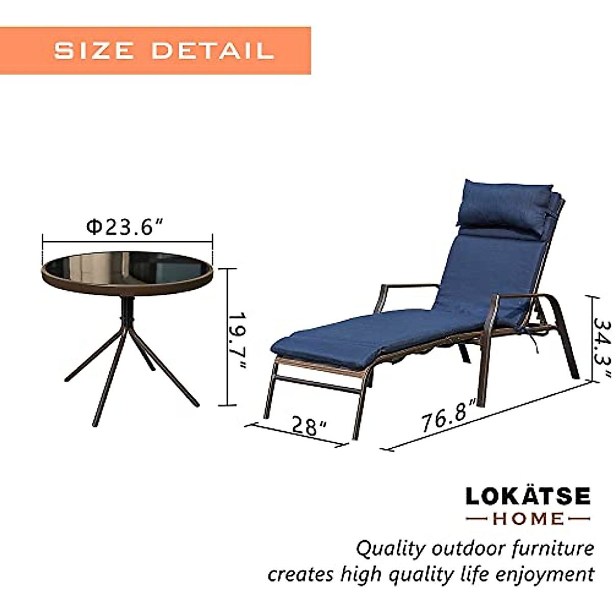 LOKATSE HOME 3 Pieces Outdoor Patio Chaise Lounges Chairs Set Adjustable with Folding Table, Dark Blue Cushions
