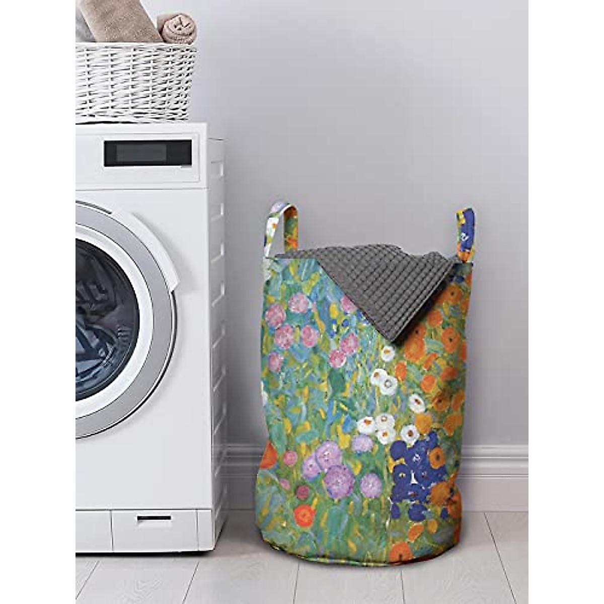 Ambesonne Artwork Laundry Bag, Spring Flowers Garden Bed with Peony Impressionist Style Print, Hamper Basket with Handle Drawstring Closure for Laundromats, 13" x 19", Vermilion Pale Olive
