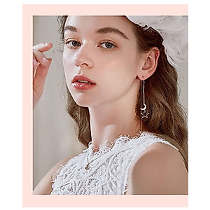 Tassel Moon Star Threader Drop Dangle Earrings for Women Cute Hollow Star Sterling Silver Plated Long Chain Hanging Earrings Minimalist Dangling Hypoallergenic Piercing Gifts Daughter Birthday