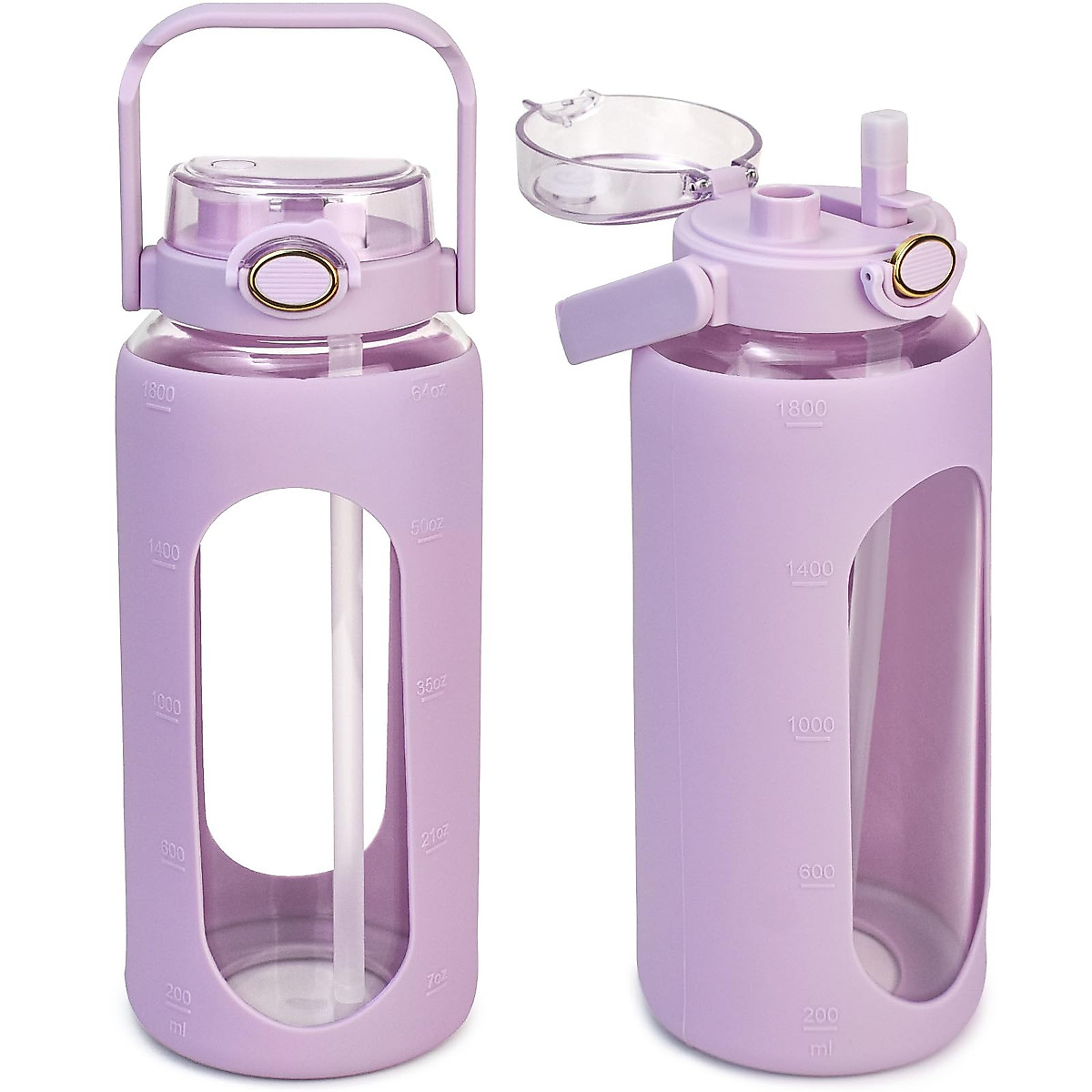 futaiphy 64oz Glass Water Bottles with Straw, Water Bottle with Silicone Sleeve & Double Drinking Lid Handle, Leakproof & BPA Free Reusable Clear Glass Water Jug with Sports Bottles, purple