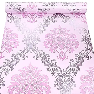HOYOYO Self-Adhesive Shelf Liners Paper, Removable Self Adhesive Shelf Liner Dresser Drawer Wall Stickers Home Decoration, Pink Damask 17.8 x 118 Inches