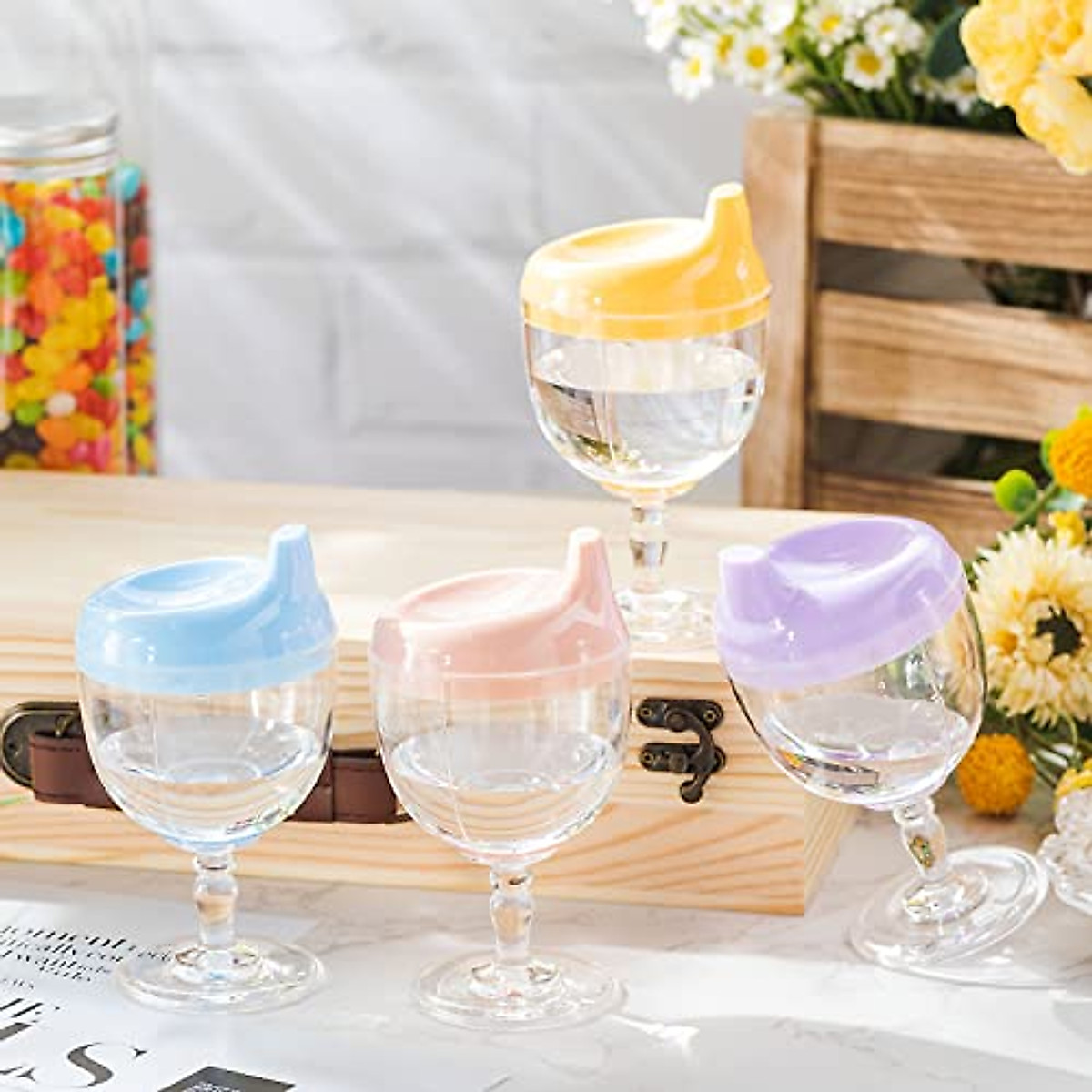 4 Pcs Wine Sippy Cup Goblet Plastic Wine Glass Sippy Cup Beverage Mug with Lid Milk Bottles for Toddlers over 8 Months for Baby Kids Birthday Christmas Party Celebration, Blue, Pink, Yellow, Purple