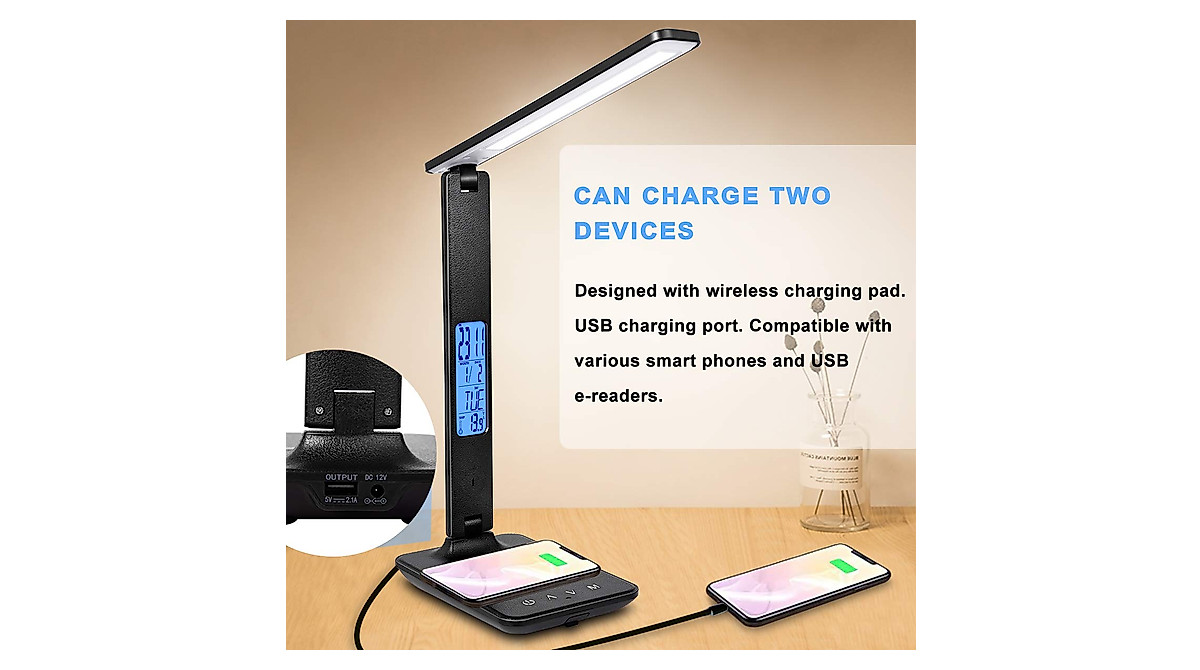 LED Desk Lamp with Wireless Charger & LCD Clock - Home & Office Light