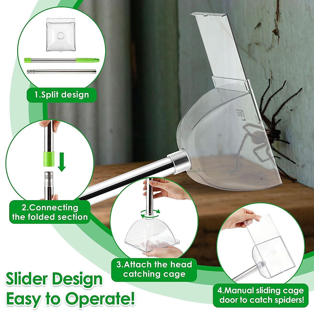 Saillong 1 Pack Large Spider Insect Catcher with Long 31'' Handle, Contactless Spider Grabber Removes Release Spiders and Insects, Spider Catchers for Home Kid Nature Explore